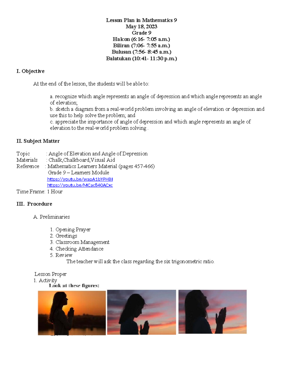 Angle-of-elevation - Lesson Plan in Mathematics 9 May 18, 2023 Grade 9 ...