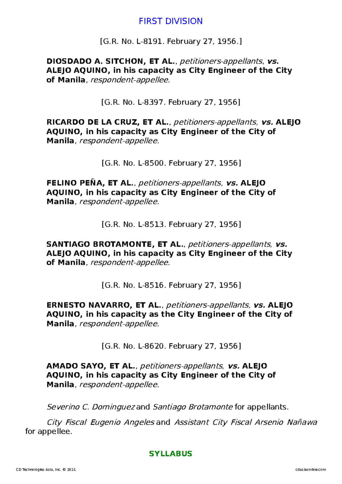 Sitchon v. Aquino, 98 Phil 458 - FIRST DIVISION [G. No. L-8191 ...