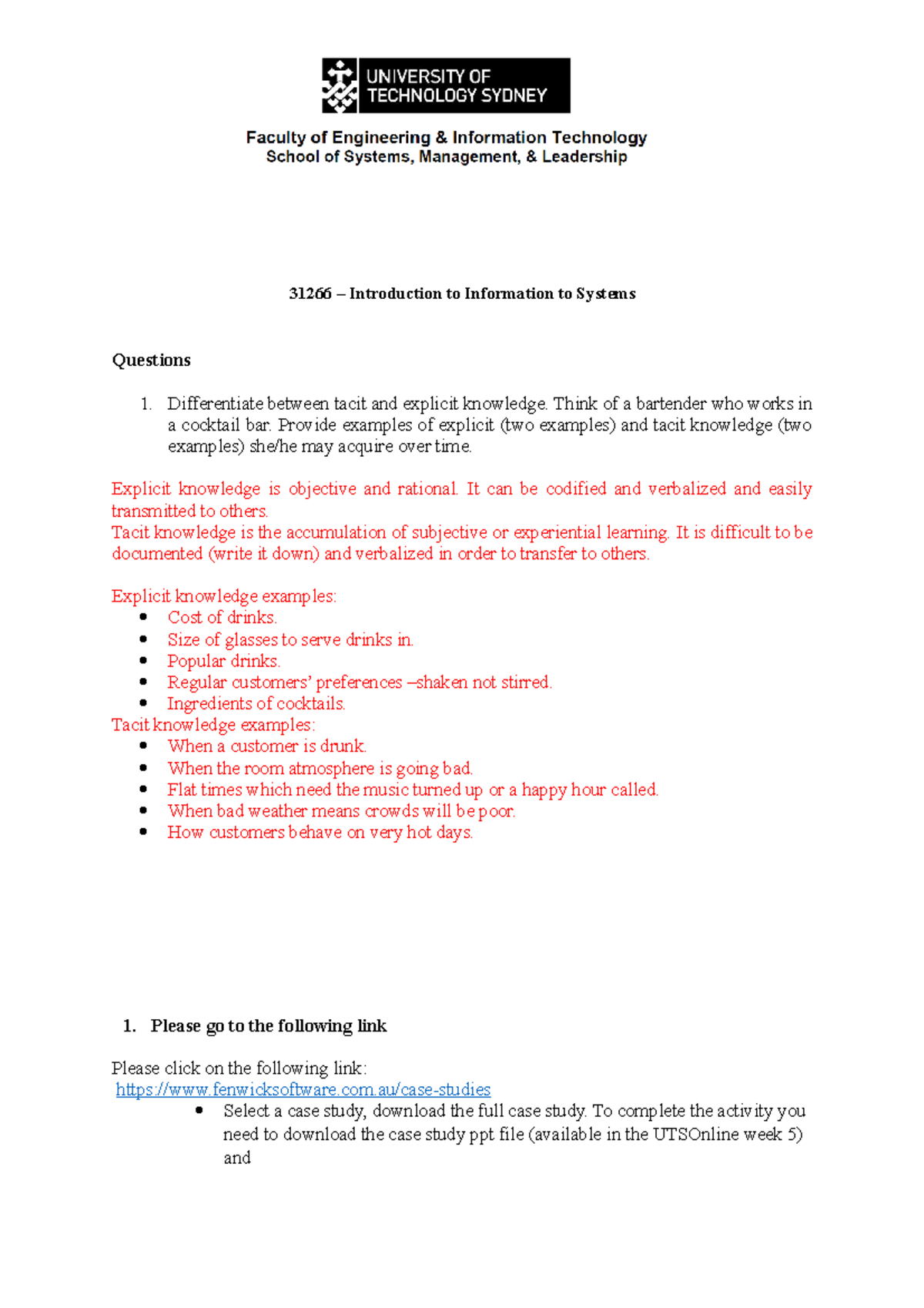 31266 Tutorial 4 Answers 2019 - 31266 – Introduction to Information to Systems Questions - Studocu