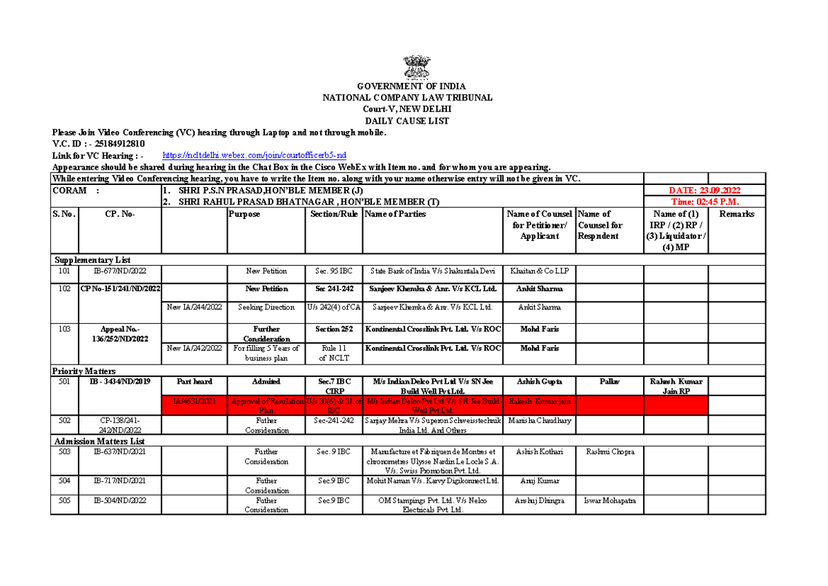Cause list for 23 - Why CC limit not exceed - GOVERNMENT OF INDIA ...