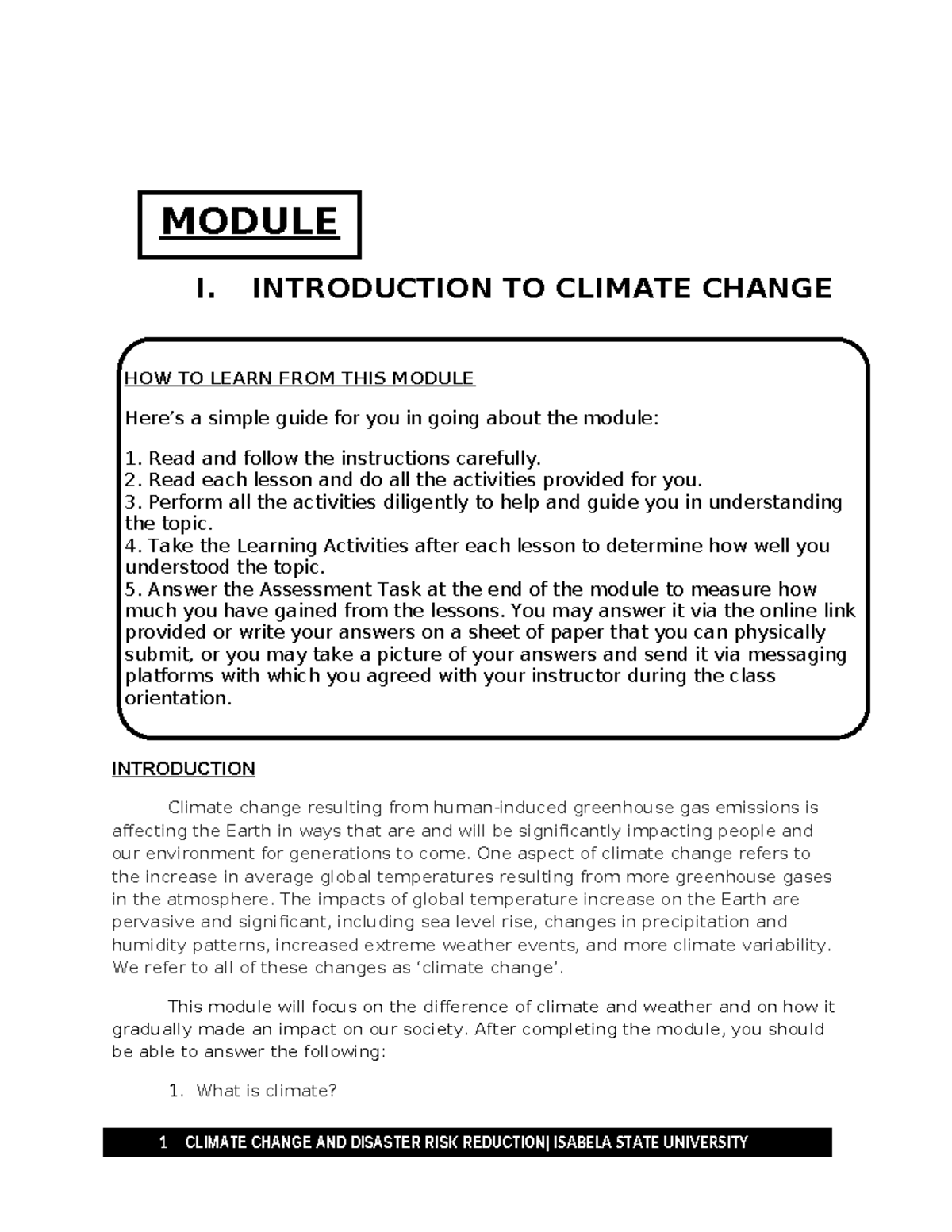 Climate- Change- Module-1 - I. INTRODUCTION TO CLIMATE CHANGE ...