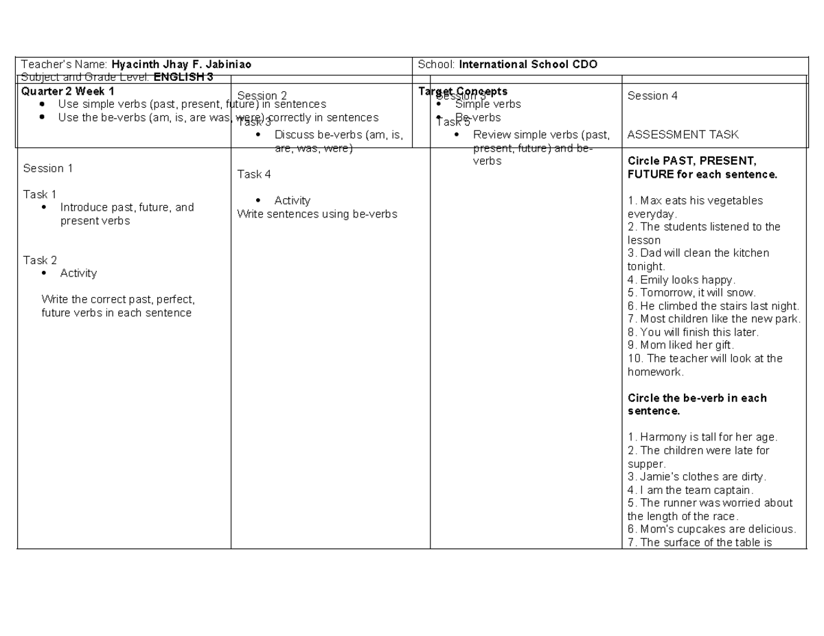 Grade 3 Lesson Plan English Quarter 2 Week 1 - Session 1 Task 1 ...