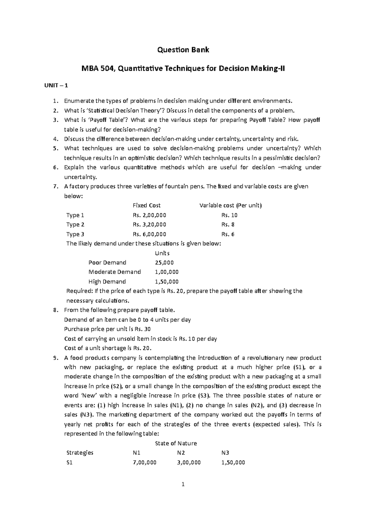 MBA 504- Quantitative Techniques for Decision Making II - Question Bank MBA 504, Quantitative ...
