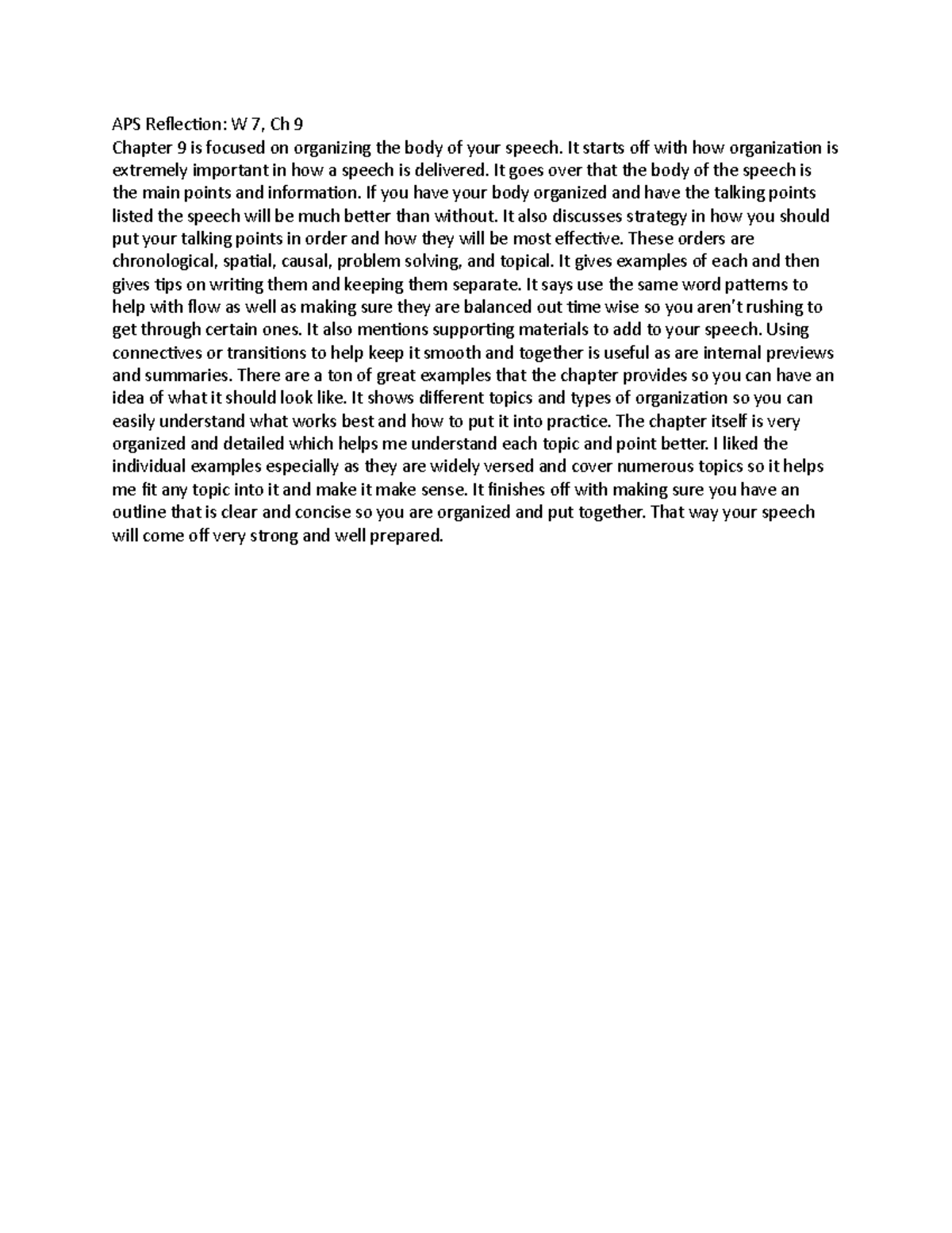 APS Reflection w7 ch 9 - Assigned reading and summary of chapter due ...