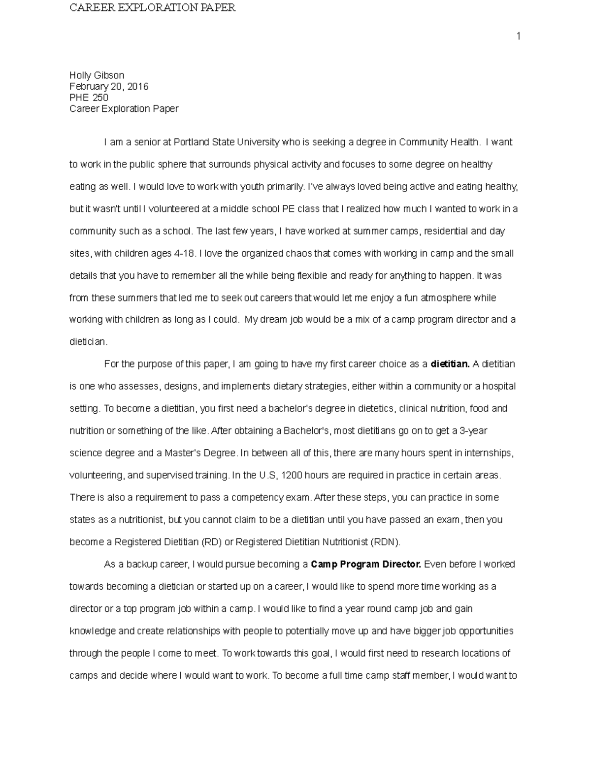 Career exploration - CAREER EXPLORATION PAPER 1 Holly Gibson February ...