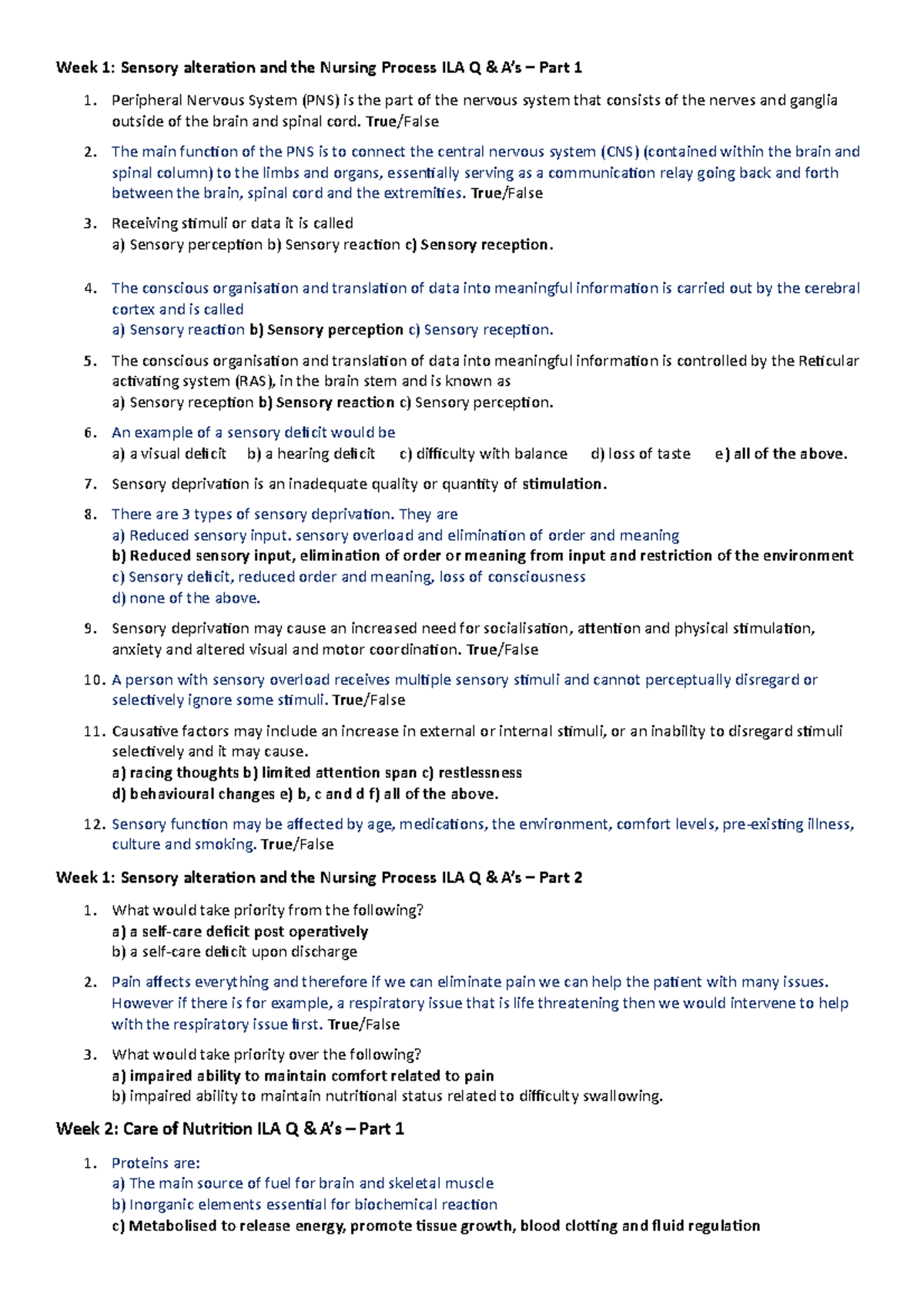 NPP1201-ILA-Questions&Answers - Week 1: Sensory alteration and the ...