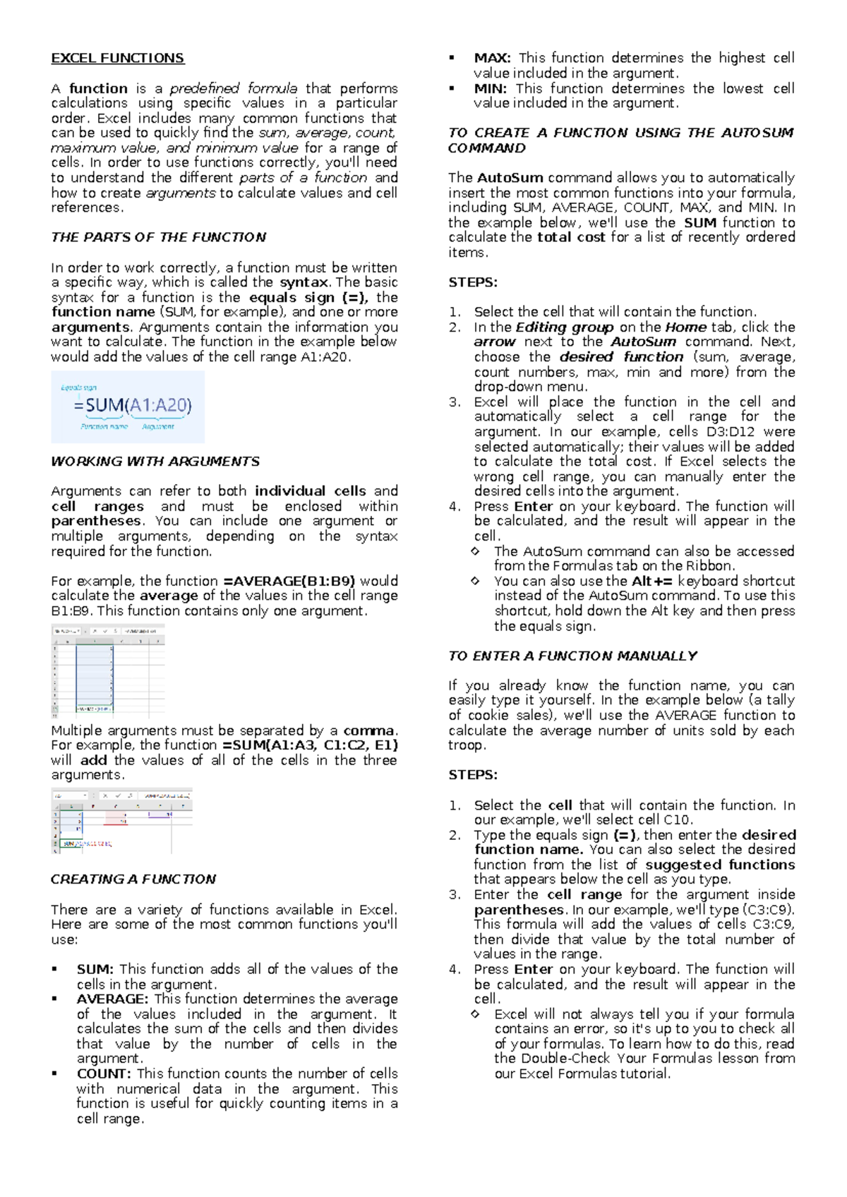 Excel Functions Excel Functions A Function Is A Predefined Formula That Performs Calculations