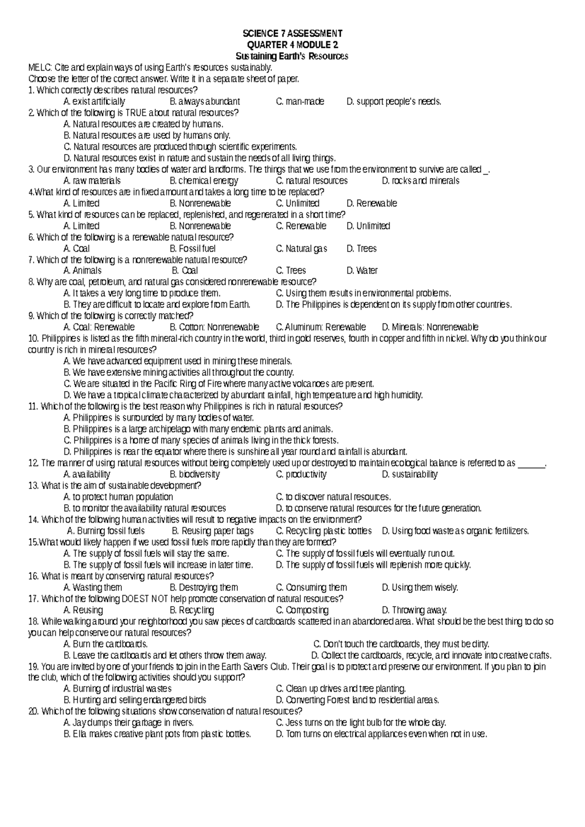 Science 7 Q4 Module 2 Assessment - SCIENCE 7 ASSESSMENT QUARTER 4 ...
