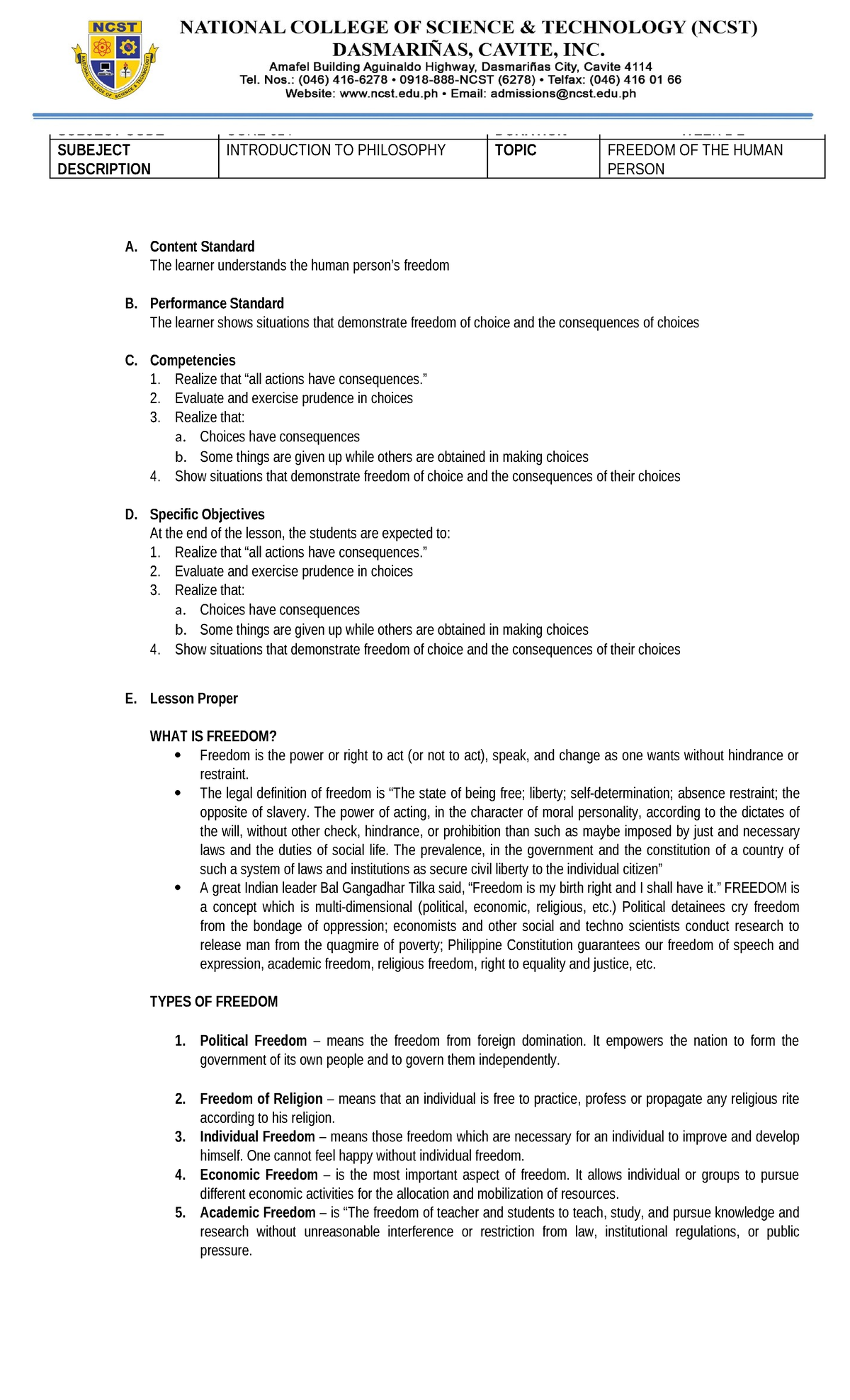Second Quarter Intro TO Philo WEEK 1 2 - SUBJECT CODE CORE 014 DURATION ...