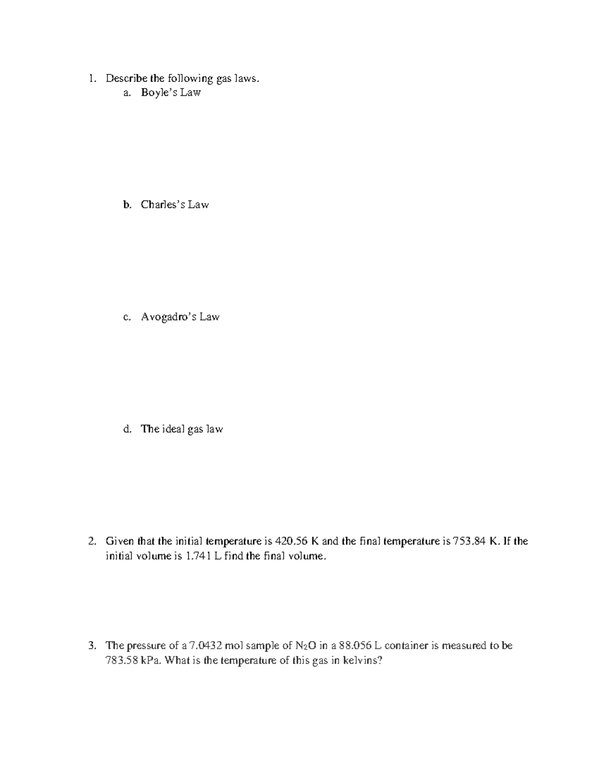 AW 11-24-2020 WS Gas Laws - Describe the following gas laws. a. Boyle’s ...