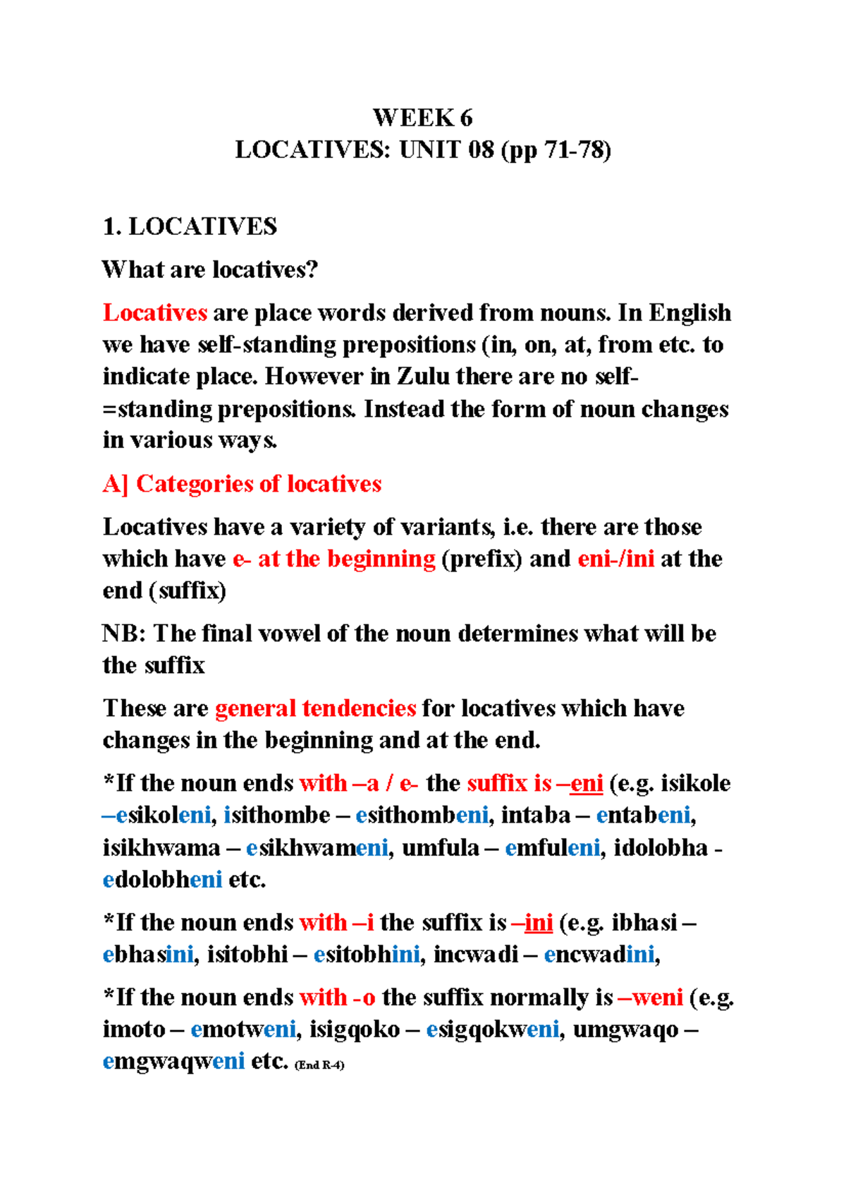 WEEK 6 - Lecture notes 6 - WEEK 6 LOCATIVES: UNIT 08 (pp 71-78 ...