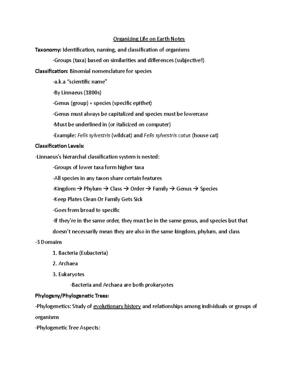 Organizing Life on Earth Notes - Organizing Life on Earth Notes ...