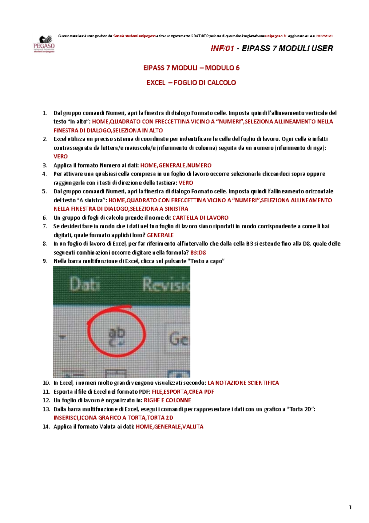 Eipass 7 Moduli USER - Modulo 6 ( Excel – Foglio DI Calcolo) - INF/01 - EIPASS 7 MODULI USER ...