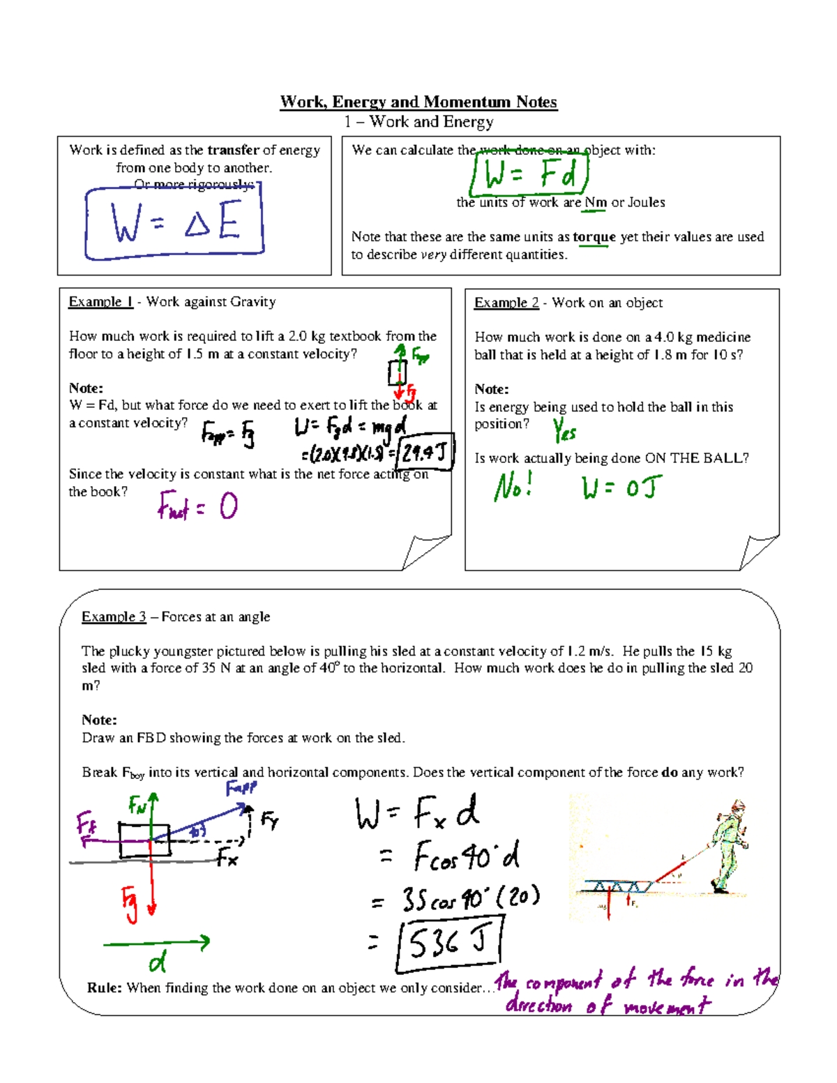 SPH4U Energy and Work Notes 3 - 07152020 - Work, Energy and Momentum ...