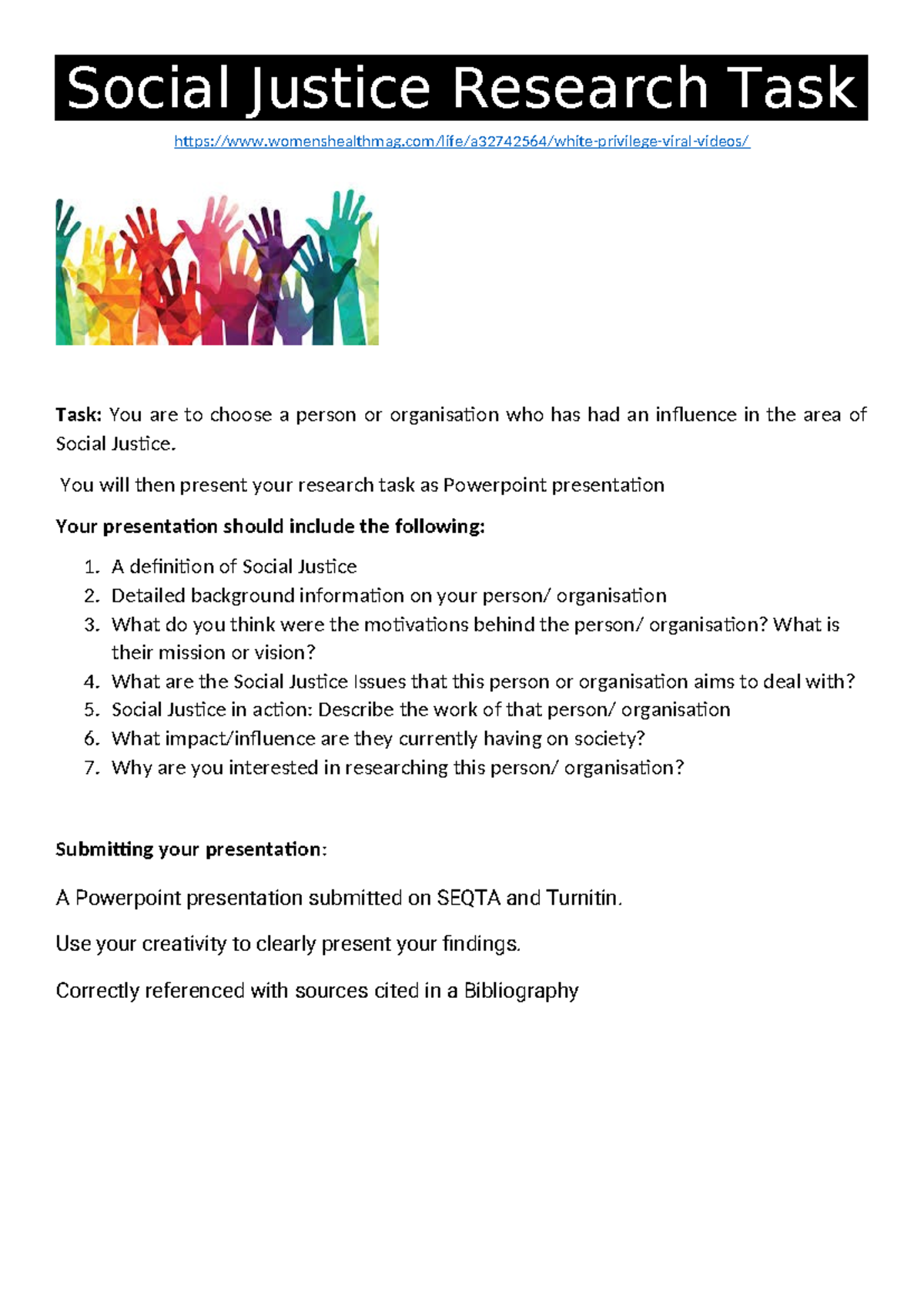 Social Justice Assessment task 2021 - Social Justice Research Task ...