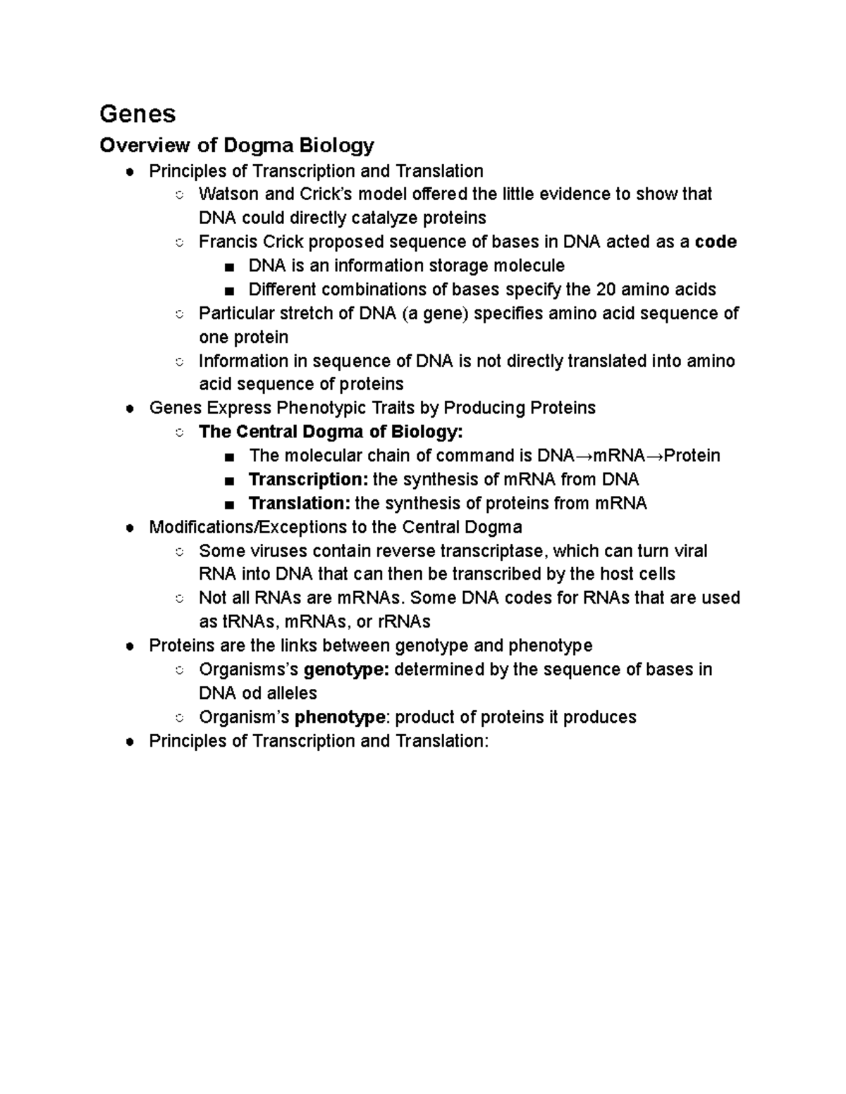 Genes - Lecture Notes - Genes Overview of Dogma Biology Principles of ...
