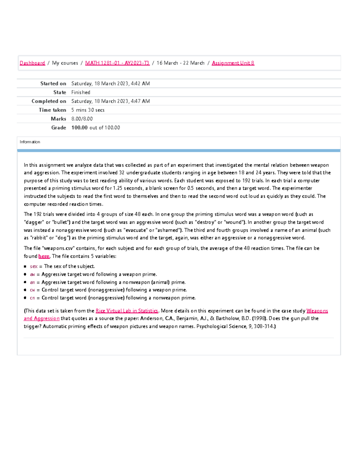 Assignment Unit 8 Attempt review - Started on Saturday, 18 March 2023 ...