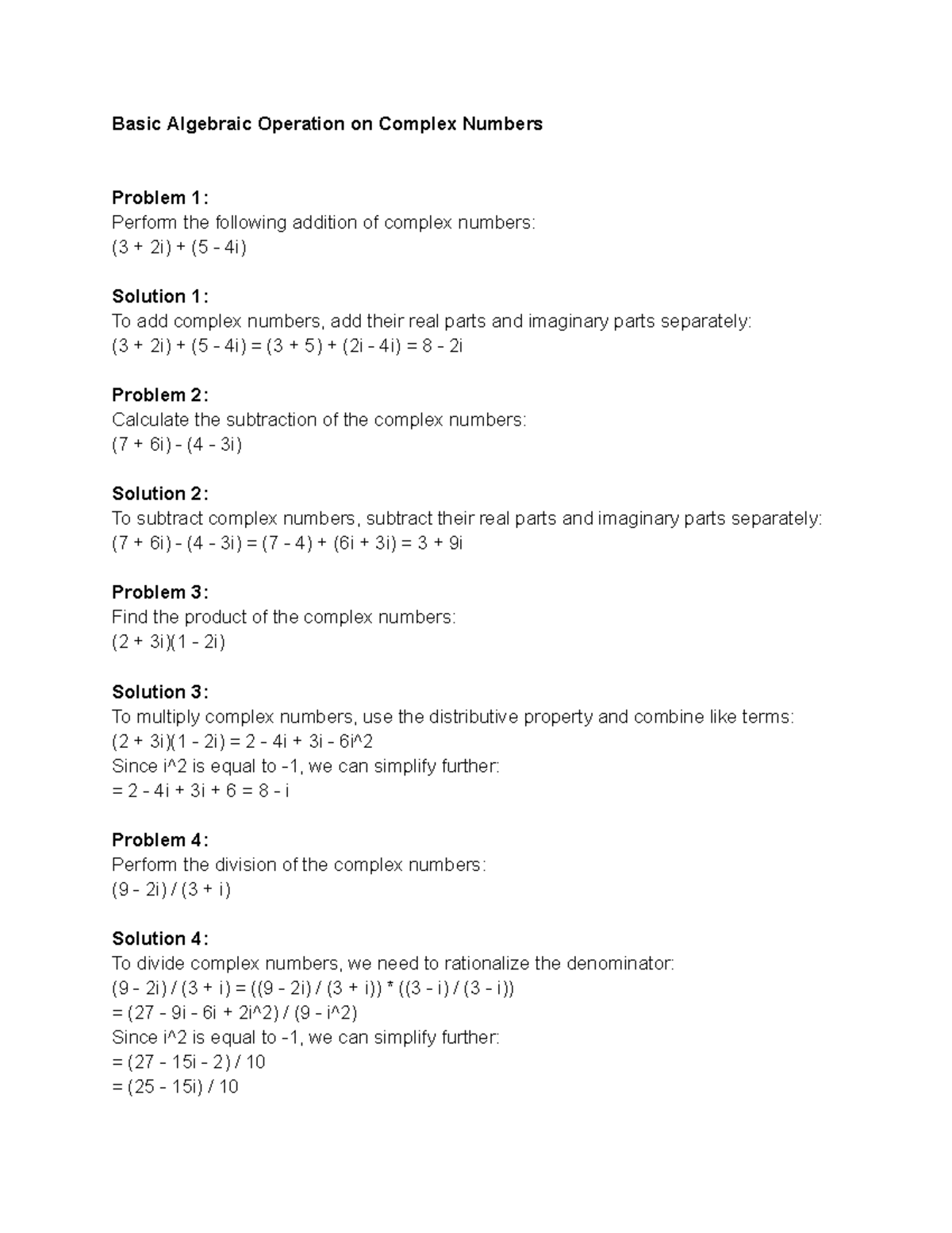 Adv Math Lecture Notes Basic Algebraic Operation On Complex Numbers Problem 1 Perform The