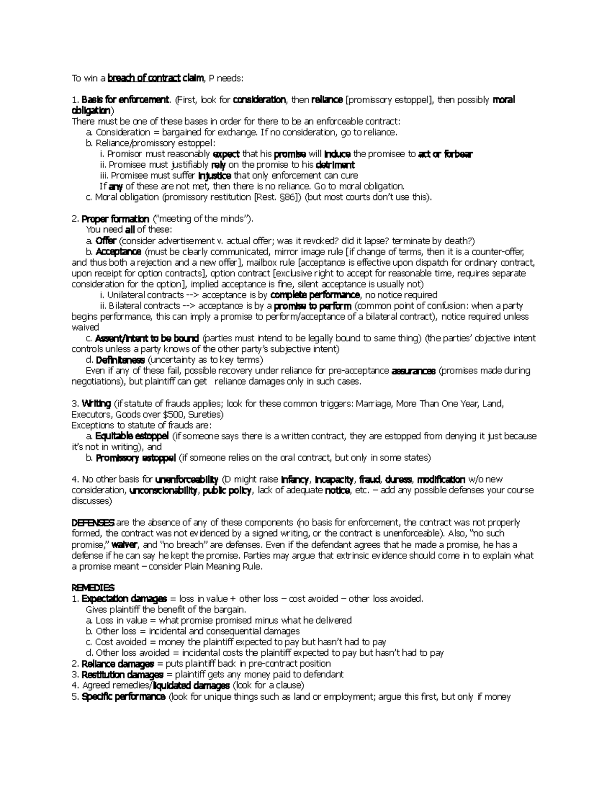 Attack Outline Contracts Basics - To win a breach of contract claim, P ...