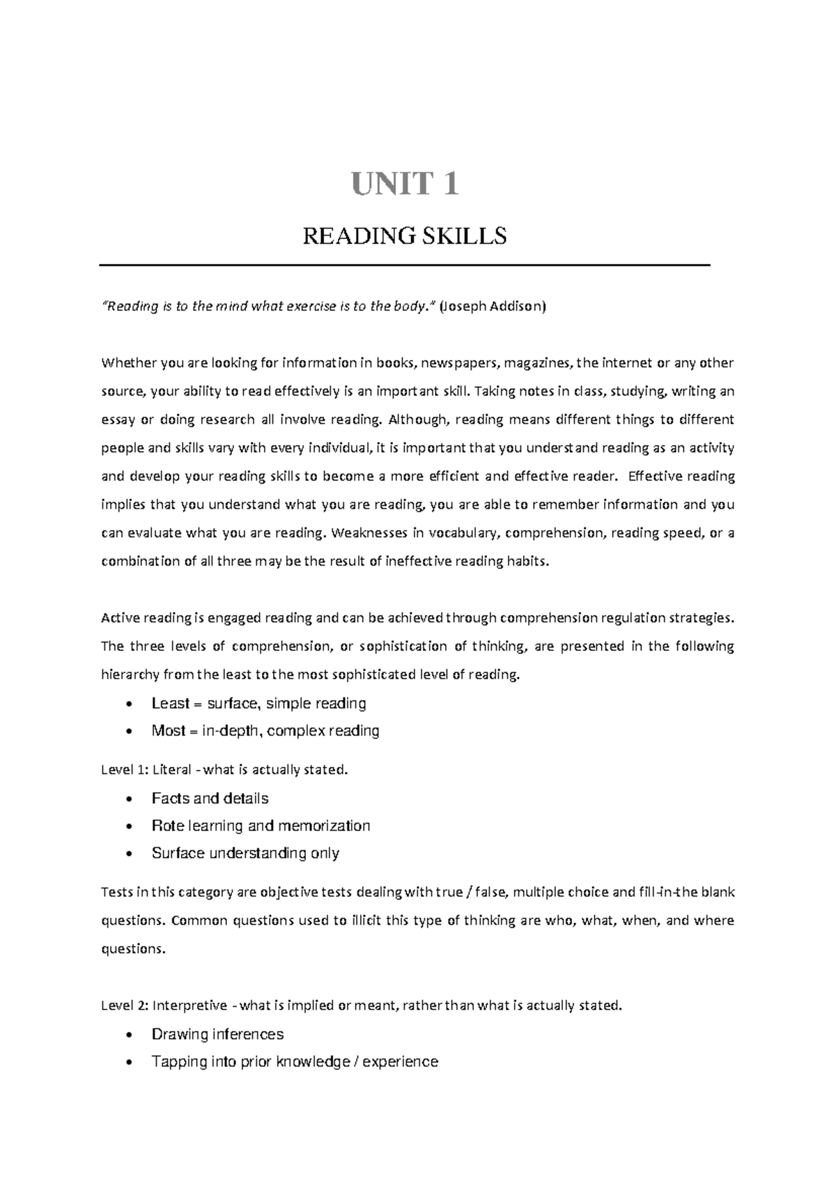 CCU105D reading Skills - UNIT 1 READING SKILLS
