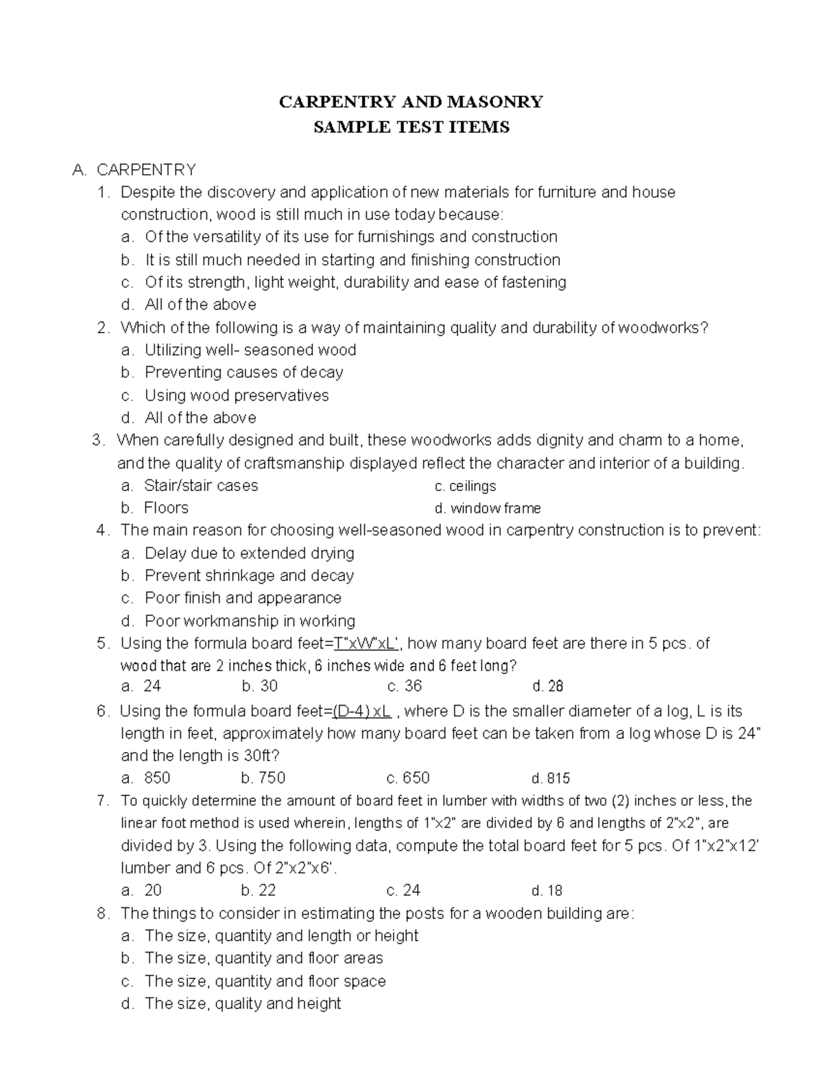 Carpentry AND Masonry 1 - CARPENTRY AND MASONRY SAMPLE TEST ITEMS A ...