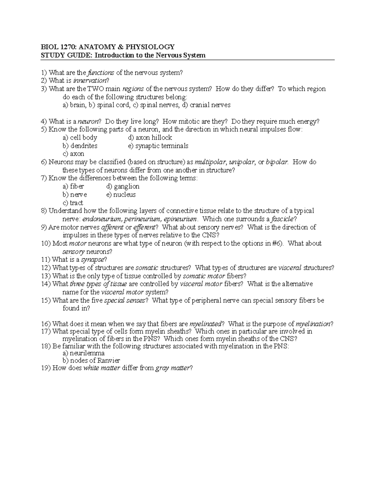 05-introduction to nervous system (study guide) - BIOL 1270: ANATOMY ...