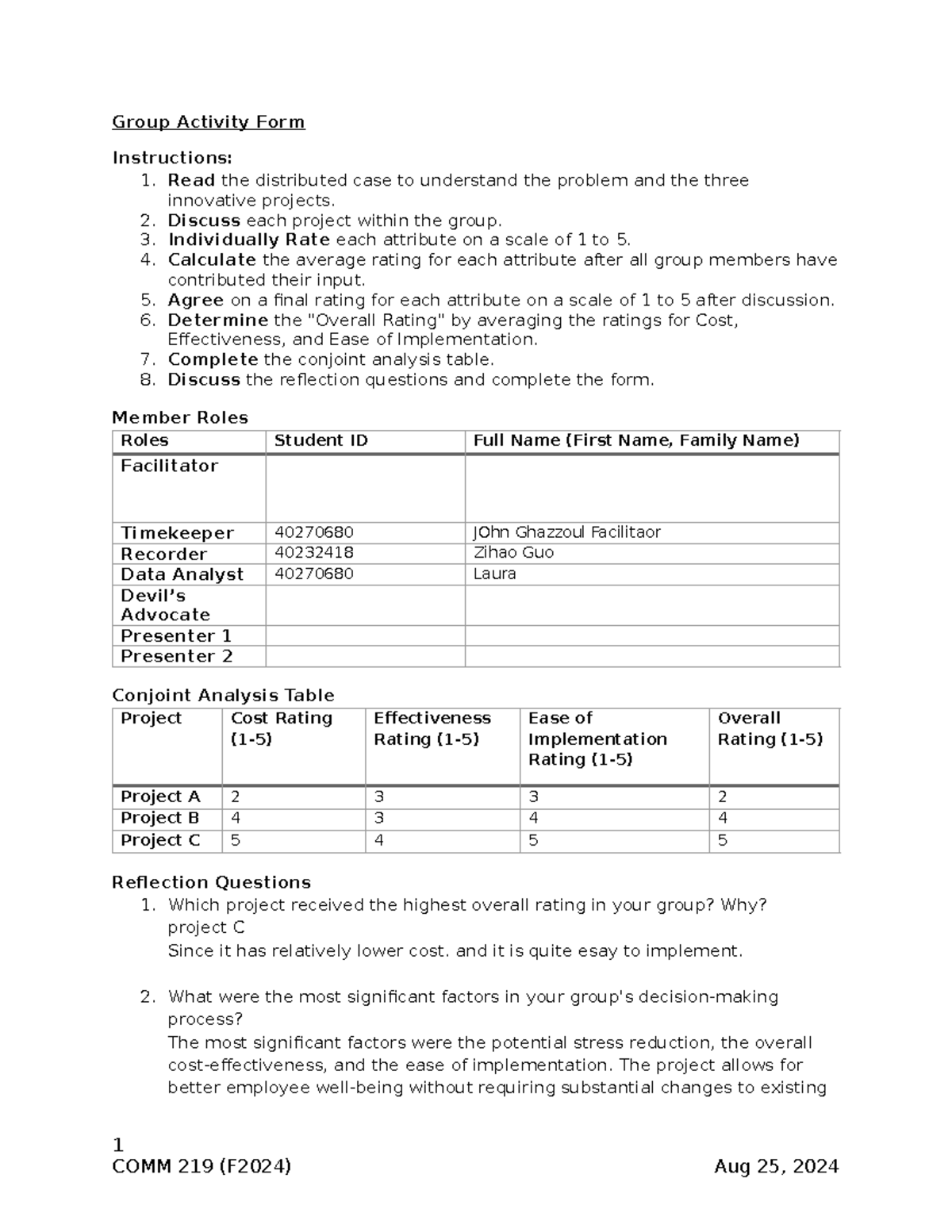 Class 3 Conjoint Analysis Form - Group Activity Form Instructions: 1 ...
