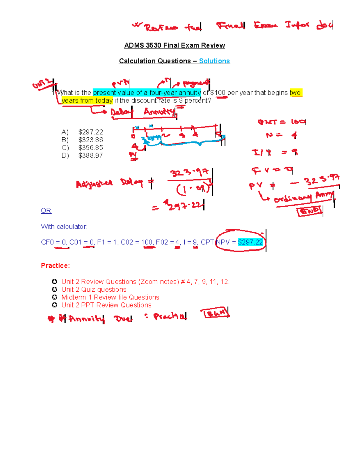 Calculation Questions Review for Final - Solutions Zoom notes - ADMS ...