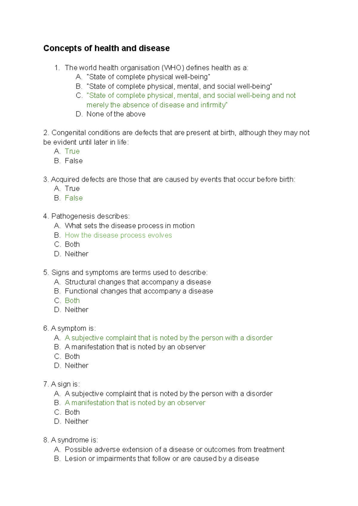 Exam 12 August Winter 2020, questions and answers - Concepts of health ...