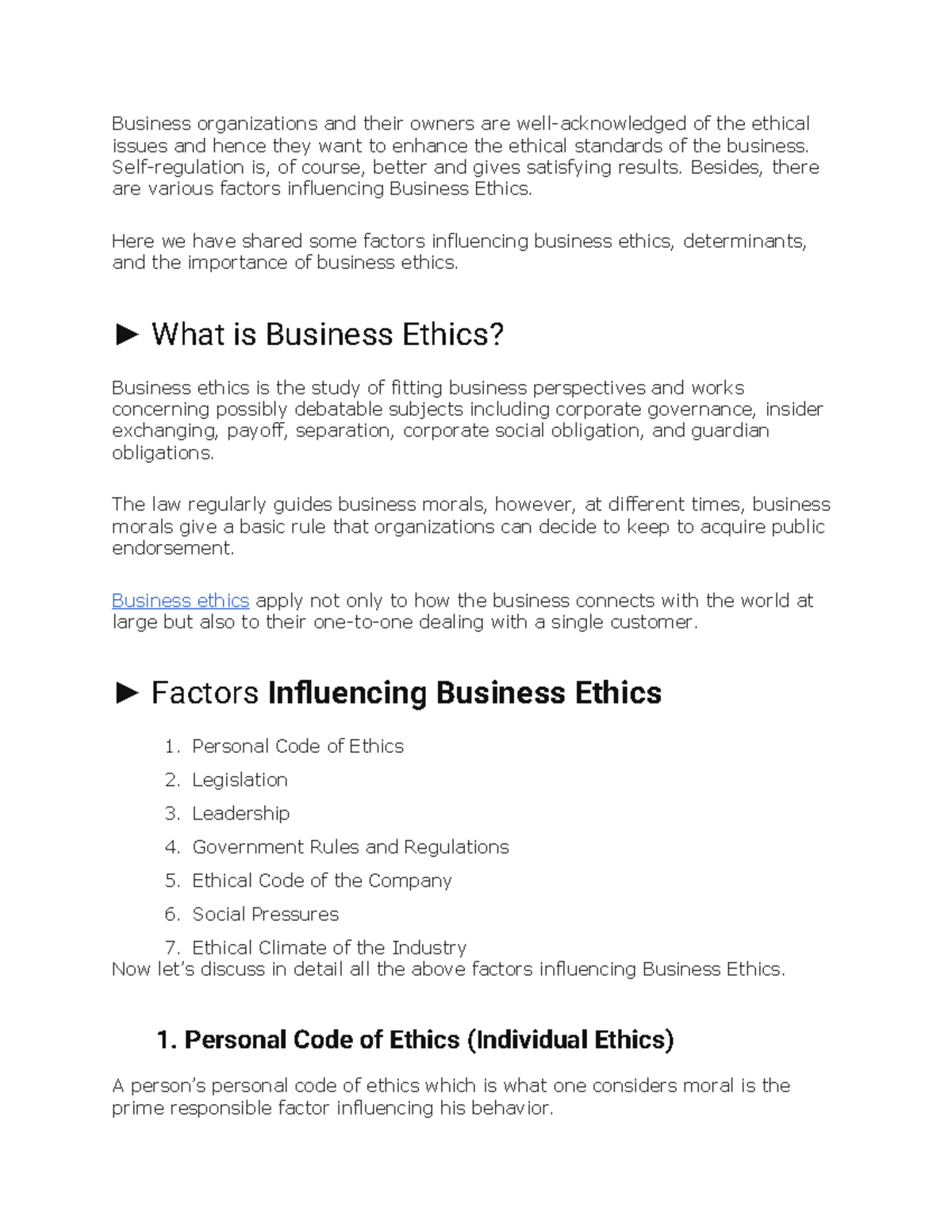Factors influencing business ethics - Business organizations and their ...