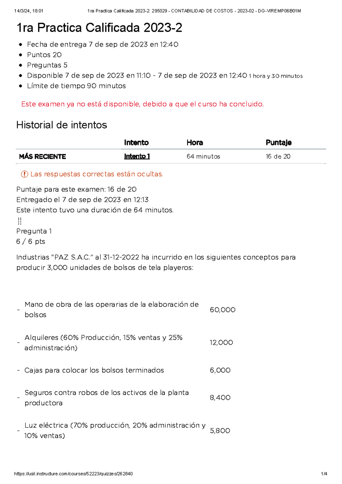 Contabilidad DE Costos PC - 1ra Practica Calificada 2023- Fecha de entrega 7 de sep de 2023 en ...