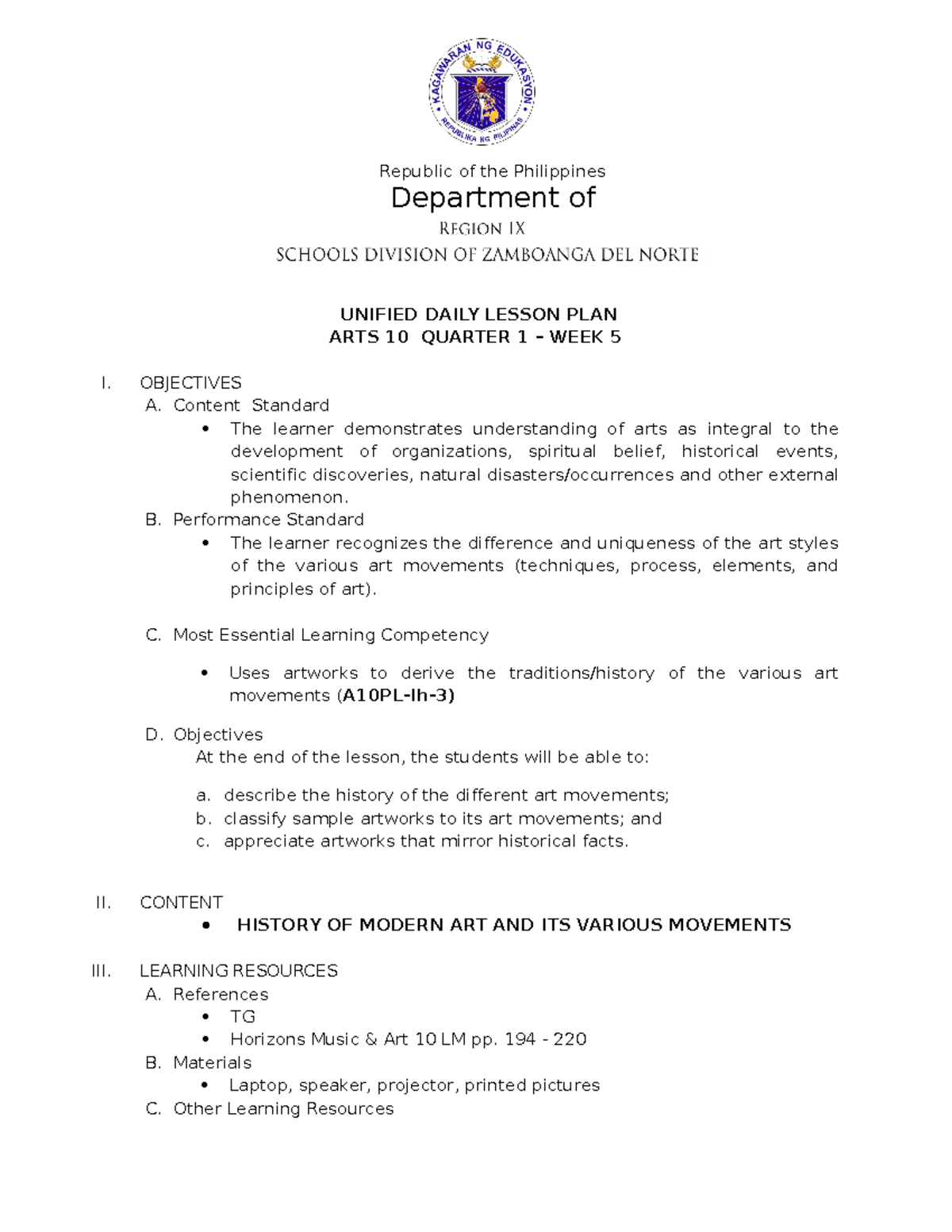 ARTS 10 Q1 W5 - Daily Lesson Plan for MAPEH 10 - UNIFIED DAILY LESSON ...