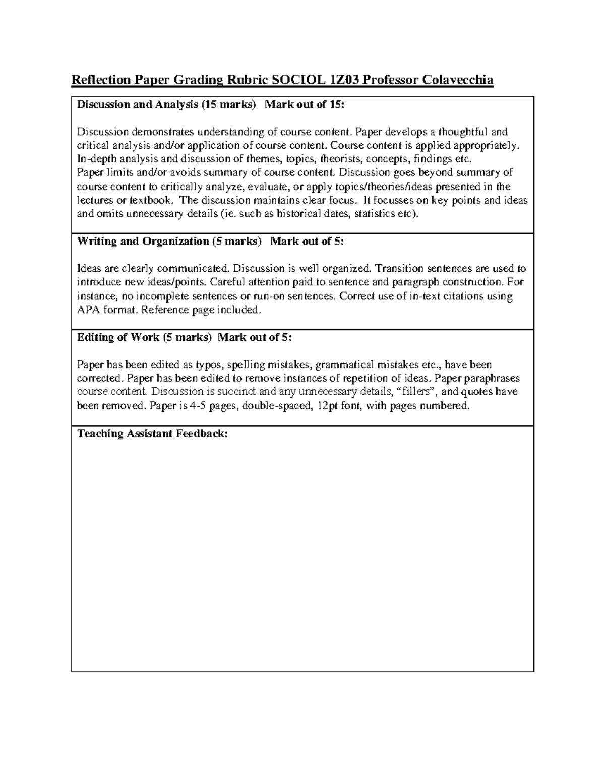 1Z03 Fall 2024 Reflection Paper Rubric - Reflection Paper Grading ...