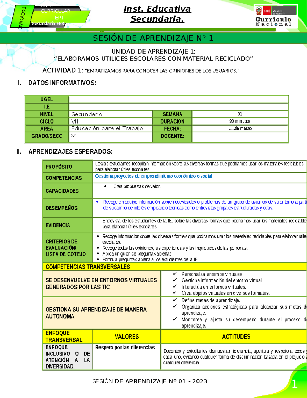 3º ETP-SES.1 -UNI 1- SEM 01 - 2022 - ####### EPT UNIDAD ####### Secundaria EBR CURRICULAR Inst ...