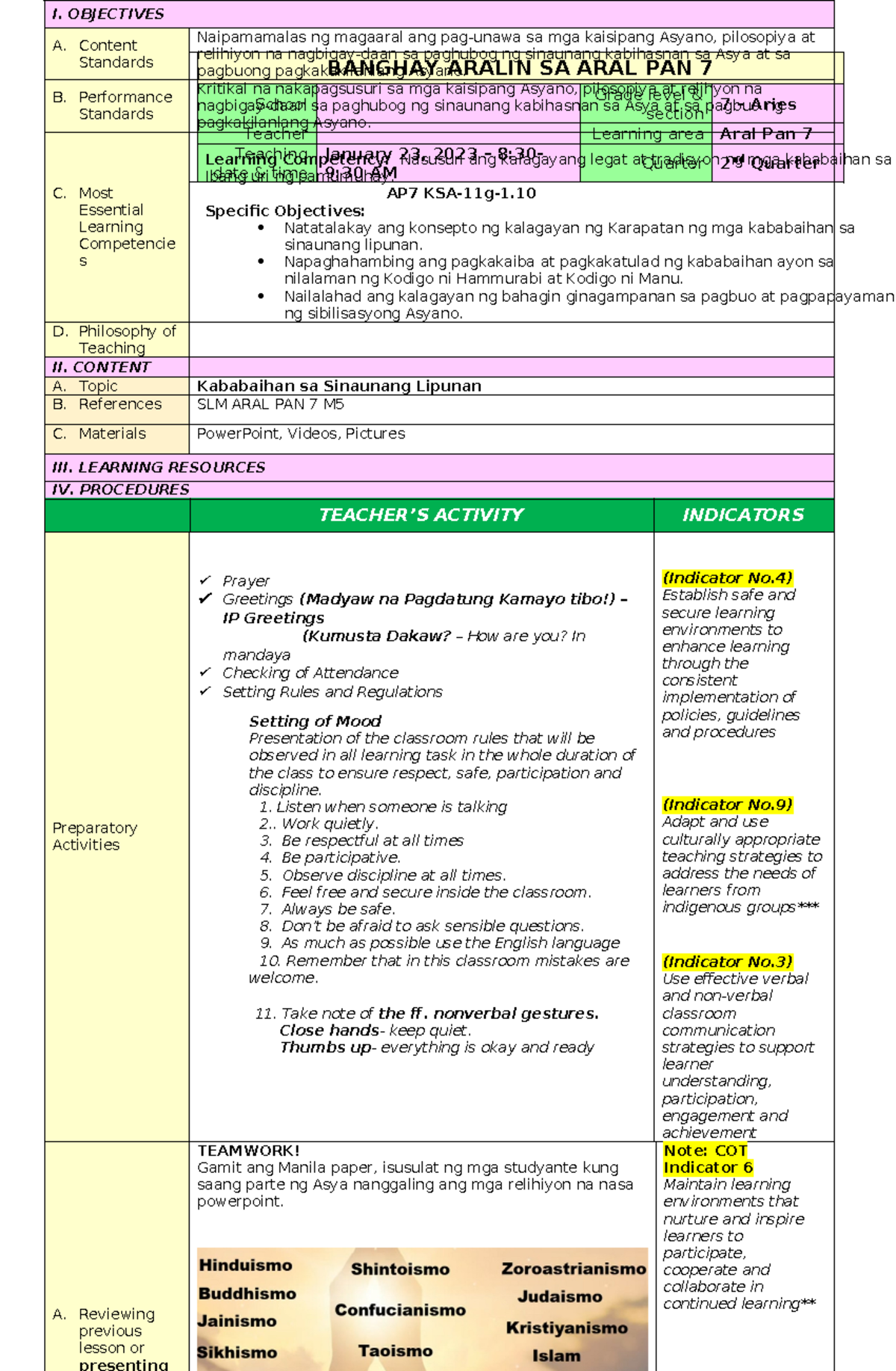COT 1 Aral Pan Final - Classroom Observation Tool - BANGHAY ARALIN SA ...
