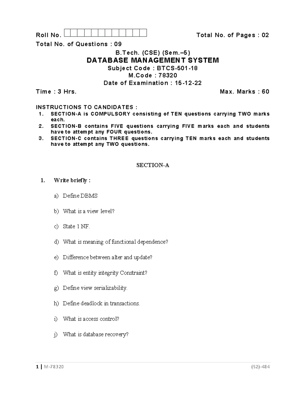 Btech Cse 5 Sem Database Management System 78320 Dec 2022 1 M 78320