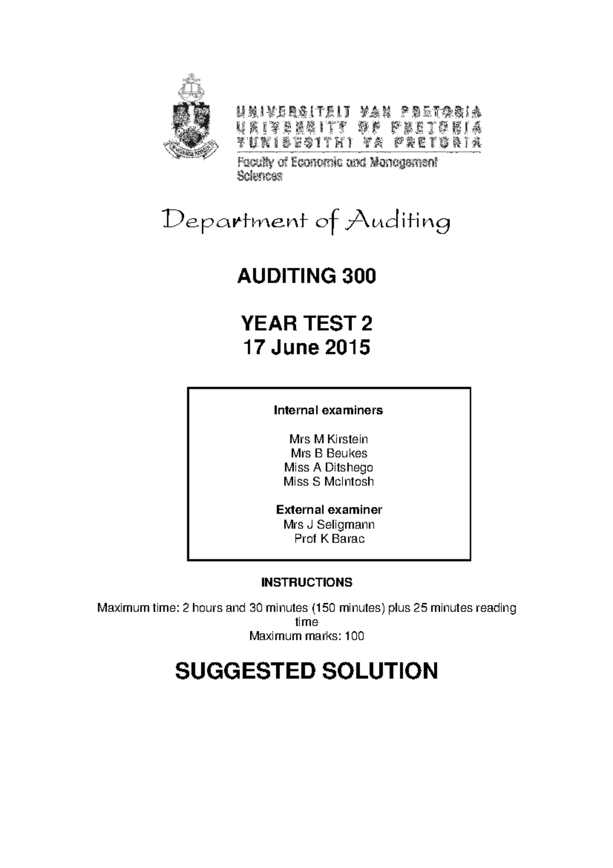 Year Test 2 Solutions 2015 - Department of Auditing AUDITING 300 YEAR ...
