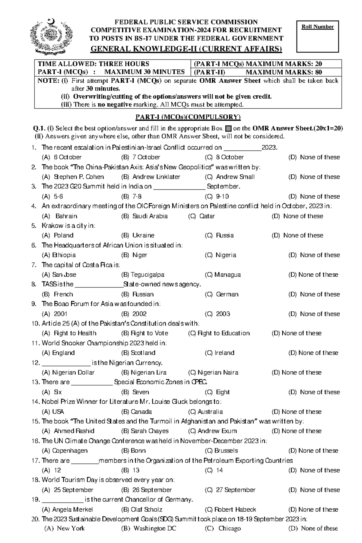 Current Affairs 2024 - ` TIME ALLOWED: THREE HOURS PART-I (MCQs ...