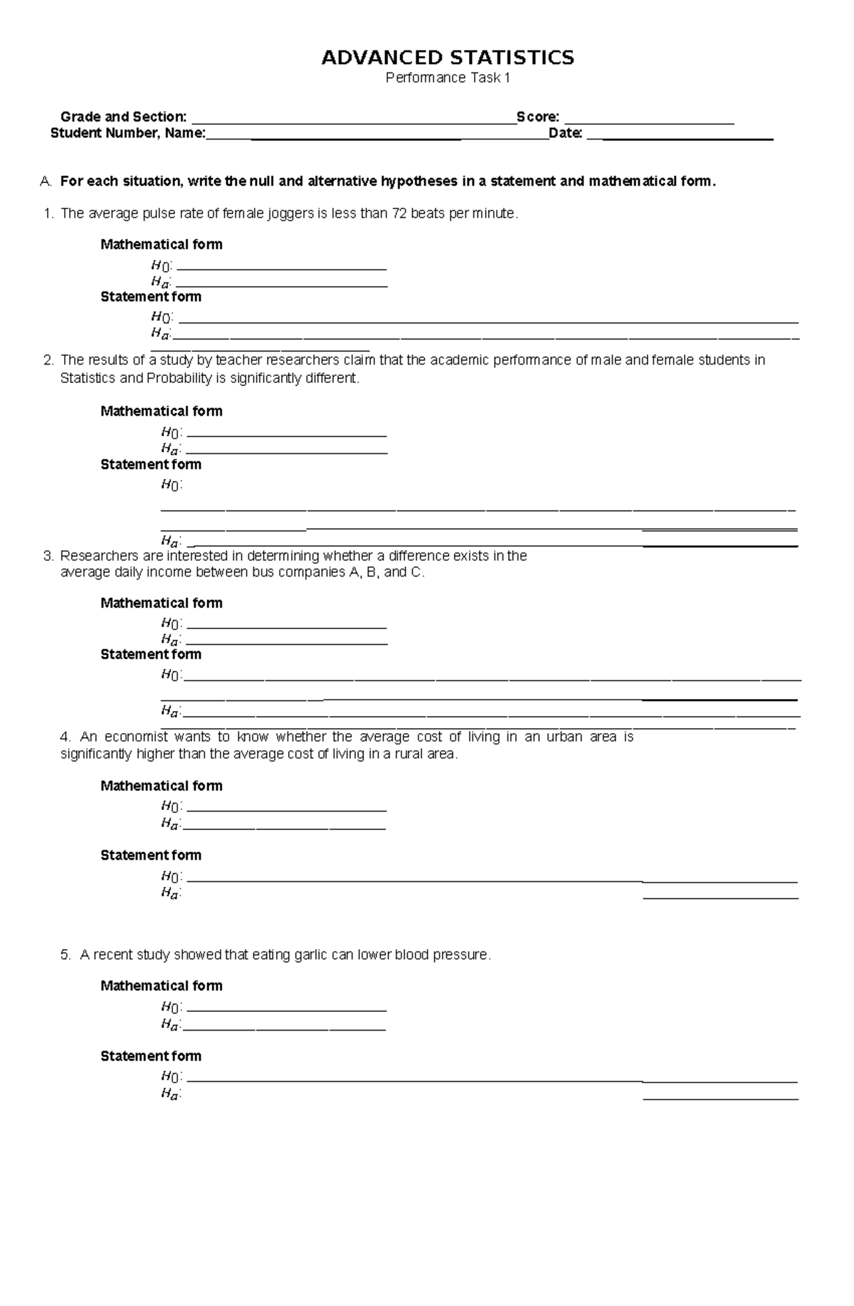 Hypothesis Testing Performance Task 1 - ADVANCED STATISTICS Performance ...