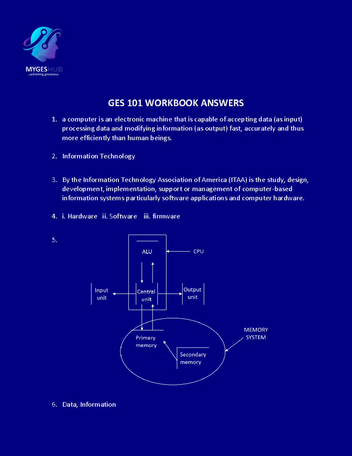 GES 101 Workbook Answers - GES 101 WORKBOOK ANSWERS a computer is an ...