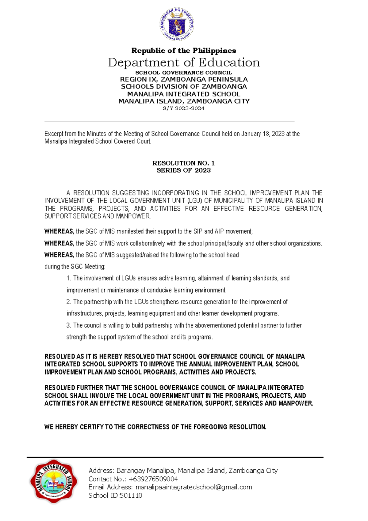 [SGC-MIS] Resolution SIP - Republic of the Philippines Department of ...