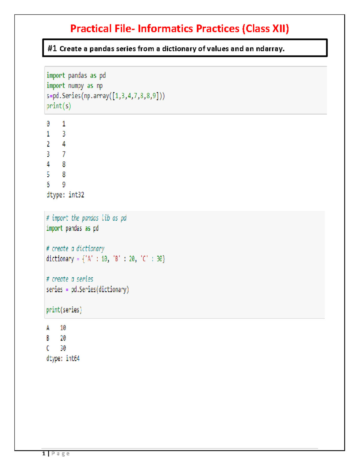 Class 12 Practical File Informatics Practices - Practical File- Informatics Practices (Class XII ...
