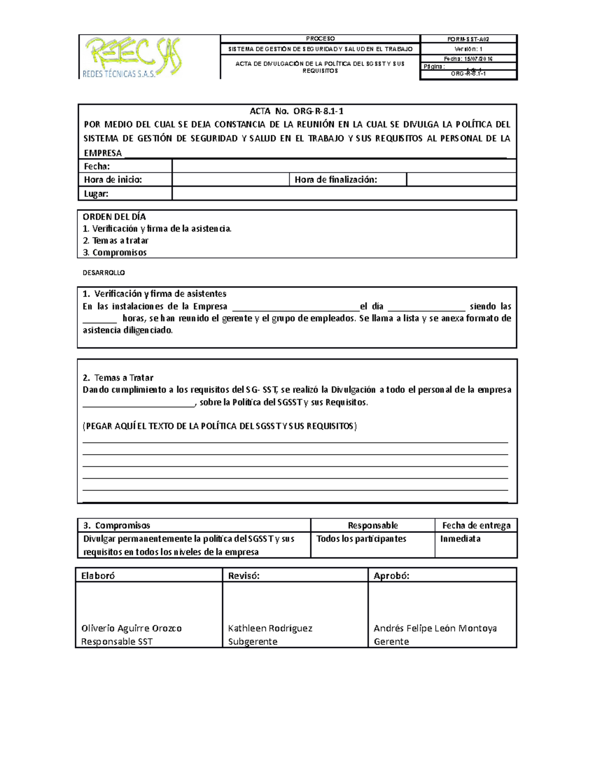 01 Acta Divulgación Politica y requisitos - PROCESO FORM-SST-A SISTEMA ...