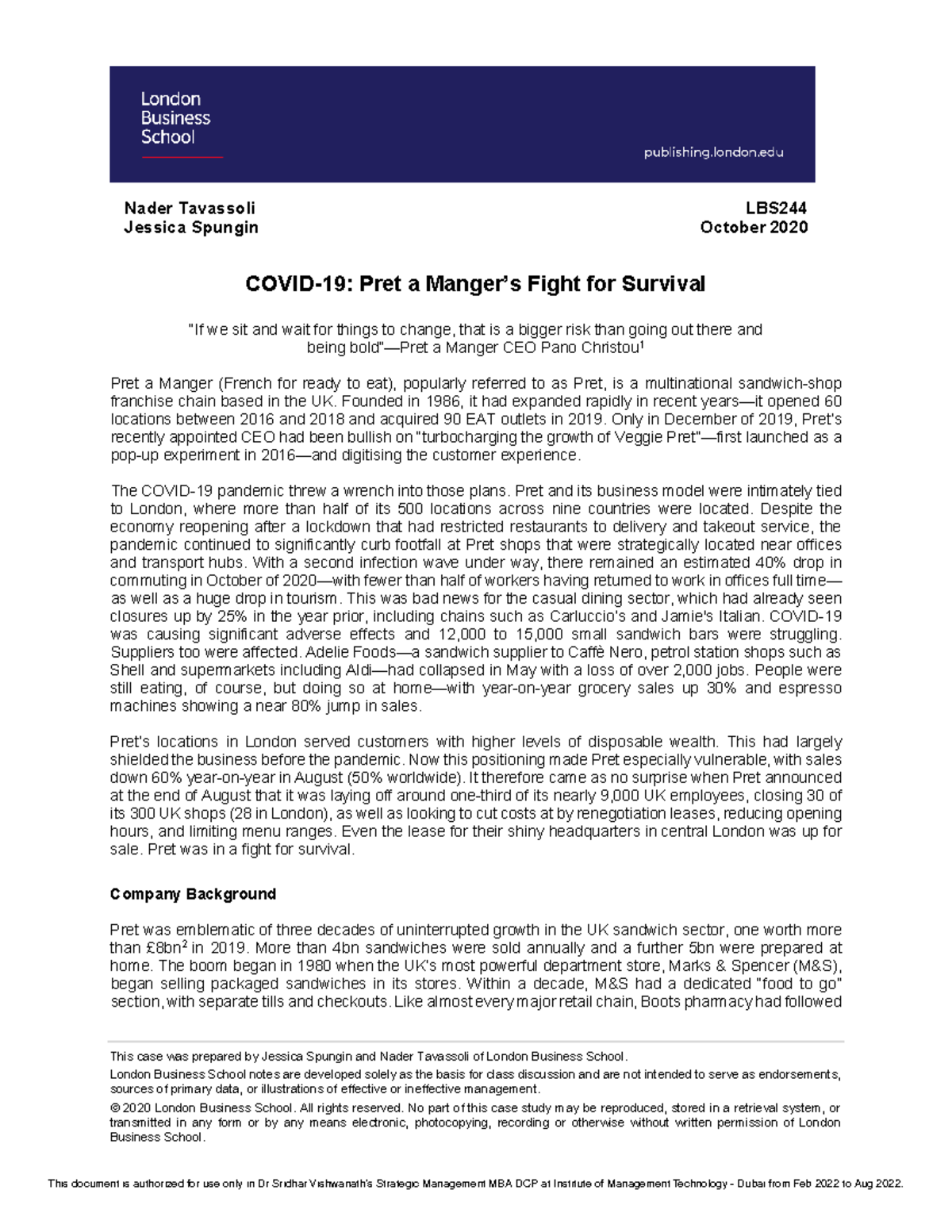 COVID 19: Pret a MAnger's fight for survival - This case was prepared ...