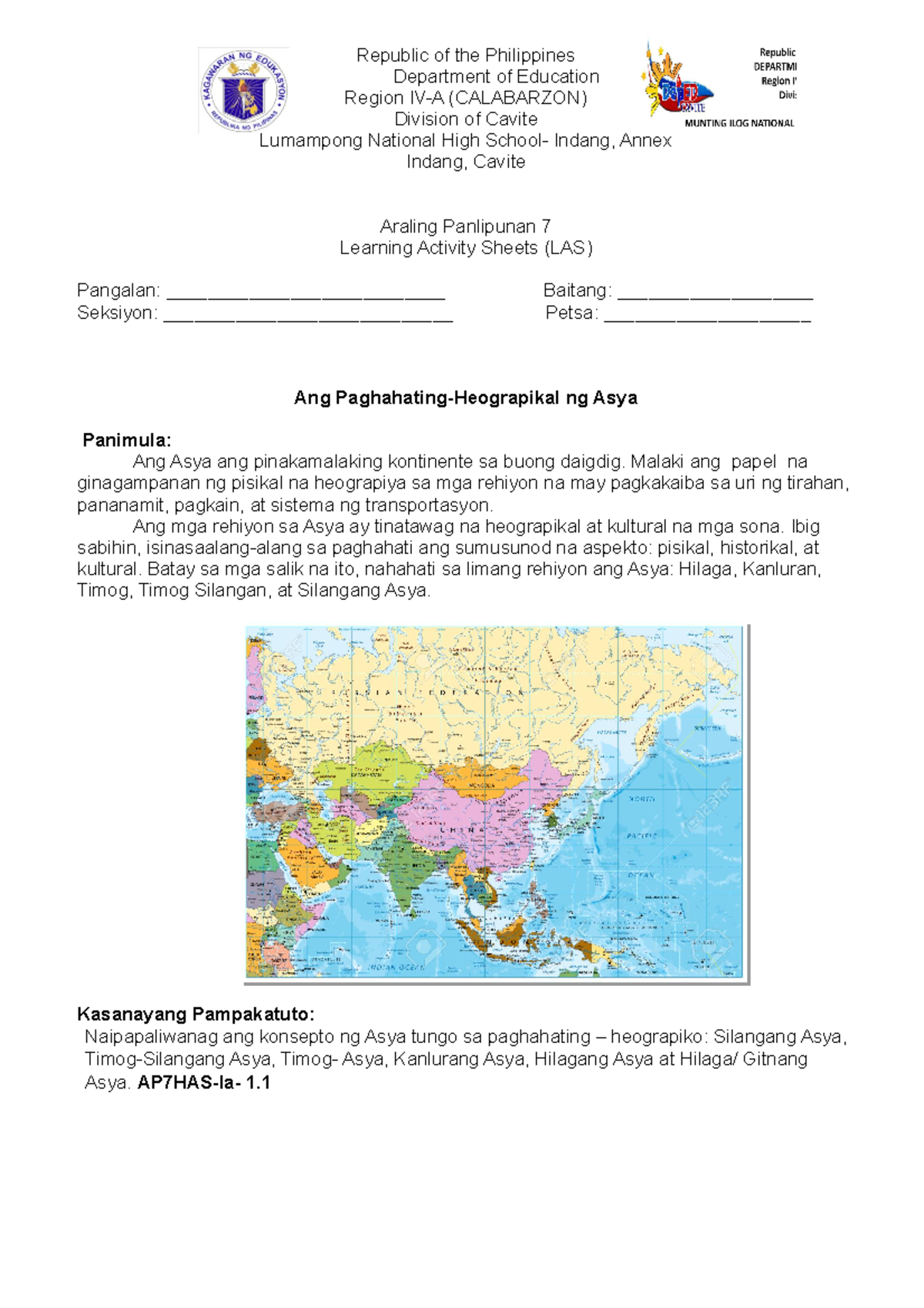 Paghahating Heograpikal ng Asya - Republic of the Philippines ...
