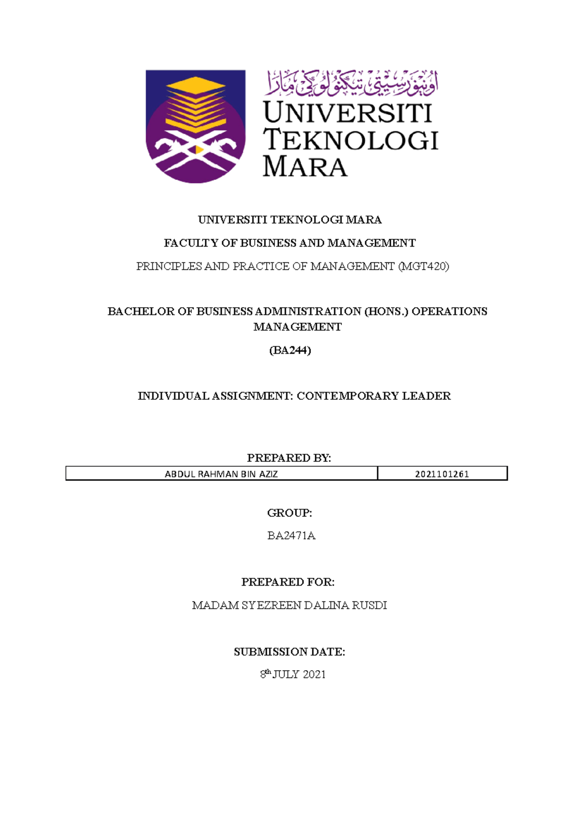 Individual Assignment Contemporary Leader - UNIVERSITI TEKNOLOGI MARA ...