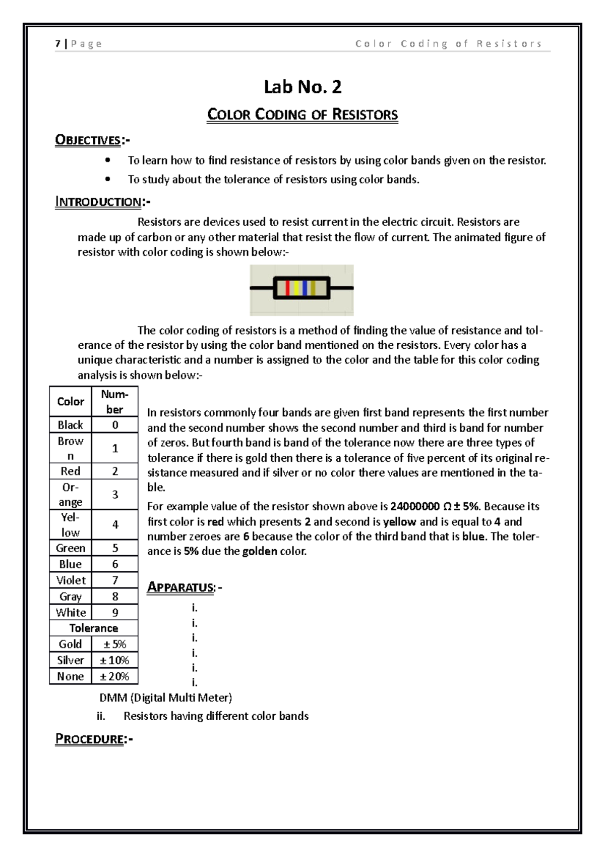 Circuit lab 2 Colour Coding of Resistors - 7 | P a g e C ol o r C o d i ...