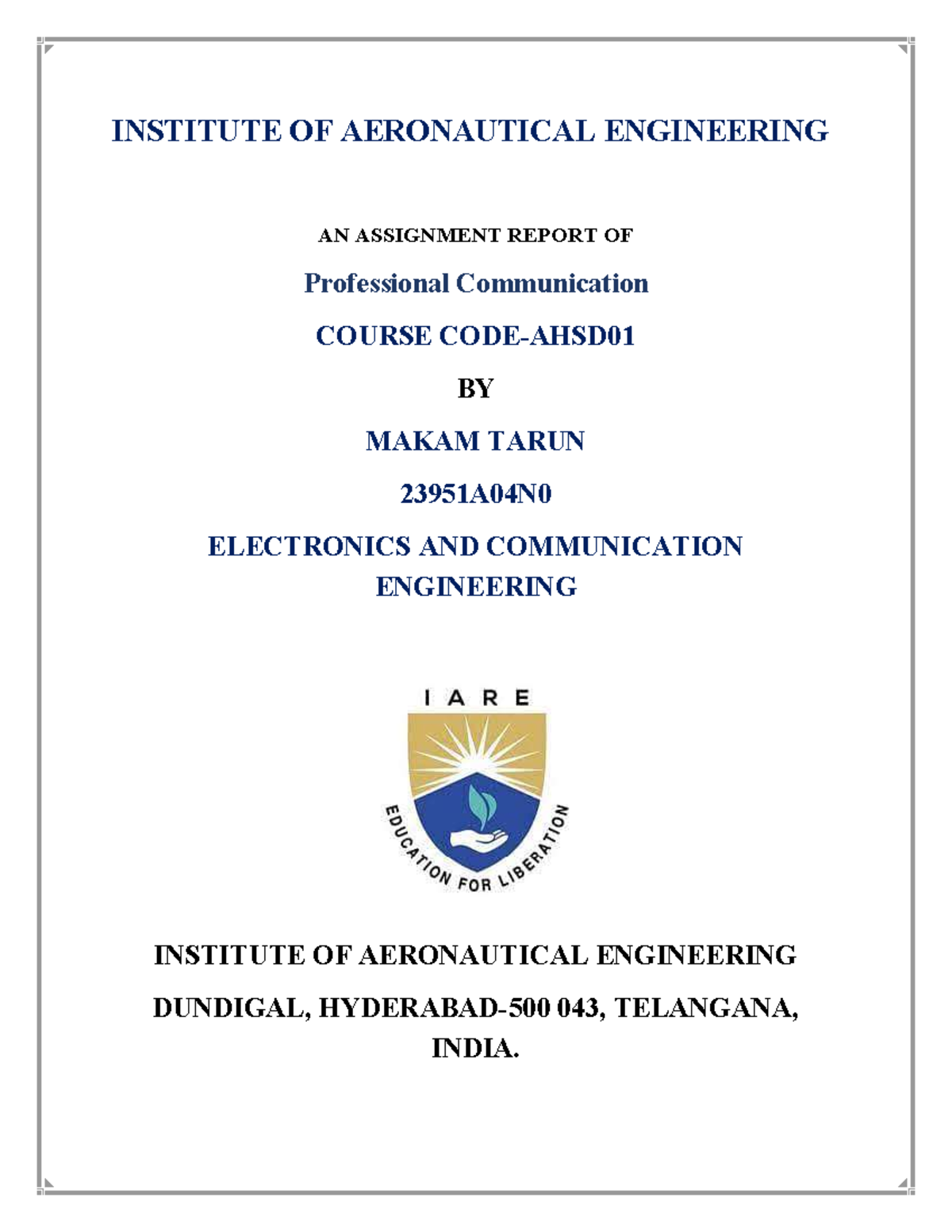 Tarun english aat2 - vhjbklugydtrfghjb - INSTITUTE OF AERONAUTICAL ENGINEERING AN ASSIGNMENT ...