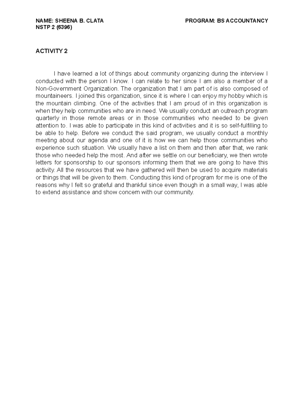 Activity 2 Reflection - NAME: SHEENA B. CLATA PROGRAM: BS ACCOUNTANCY ...