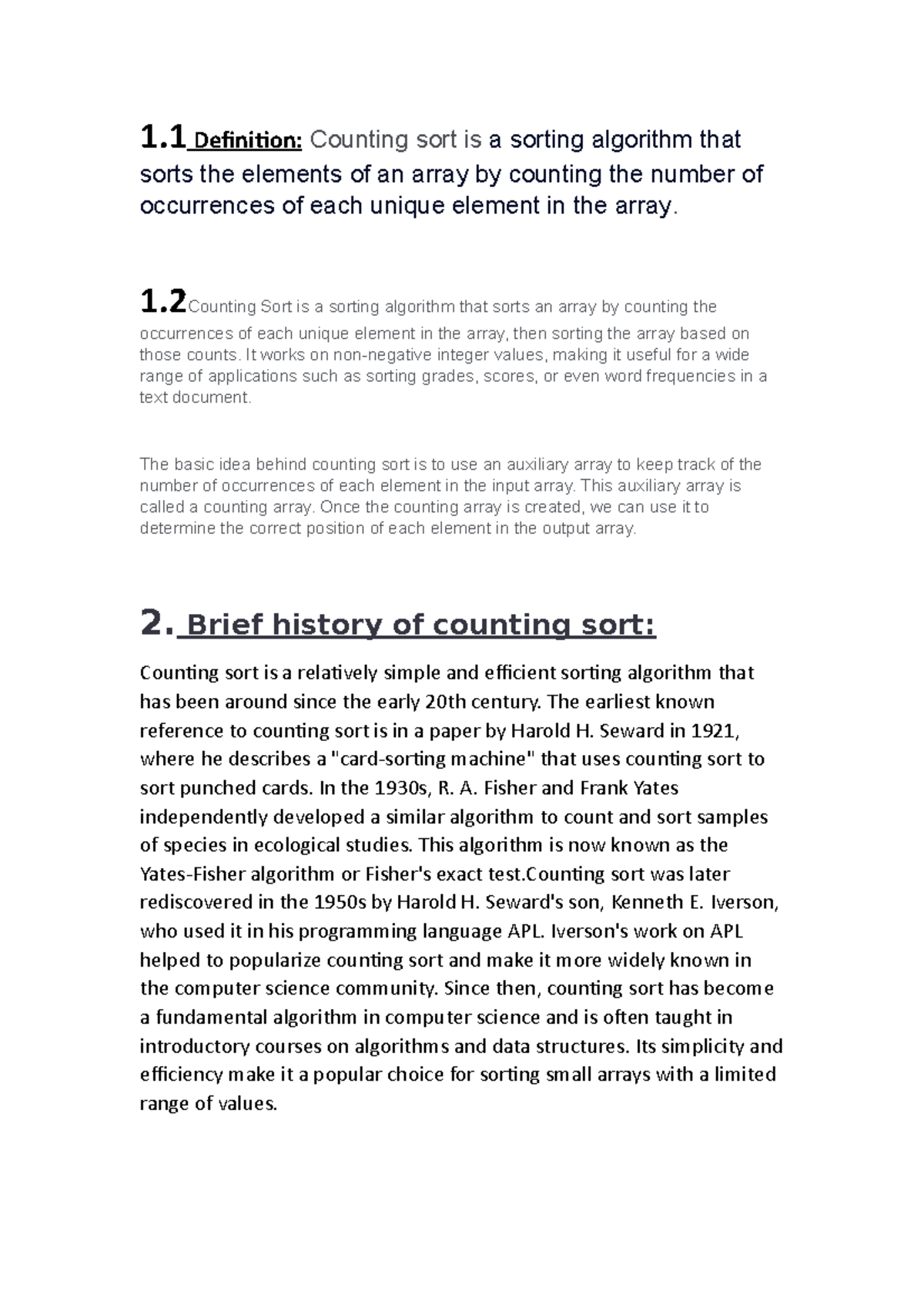 Lab Report Of Counting Sort 1 Definition Counting Sort Is A Sorting 5632
